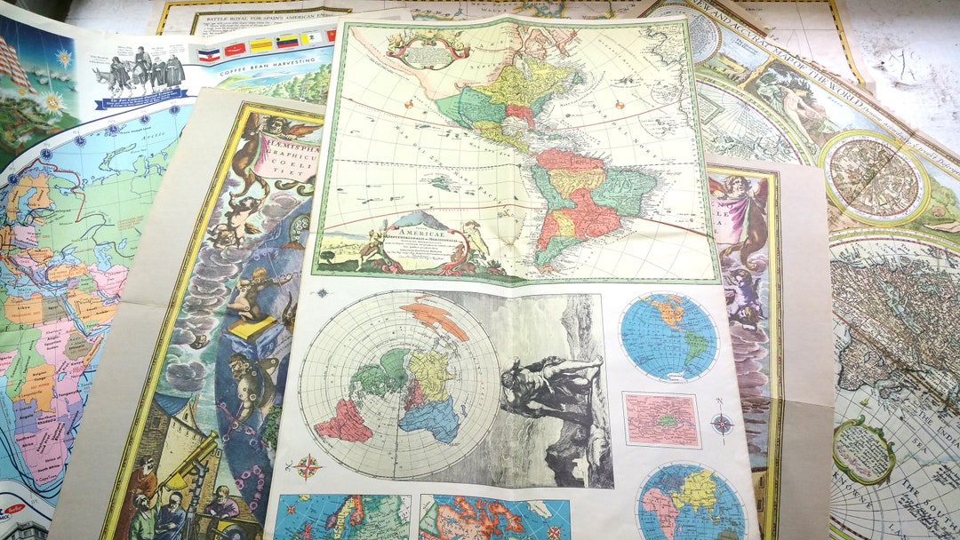 CHOICE Decorative Maps Home Library Antique Vintage World Atlas Old Paper Distressed Geography ...