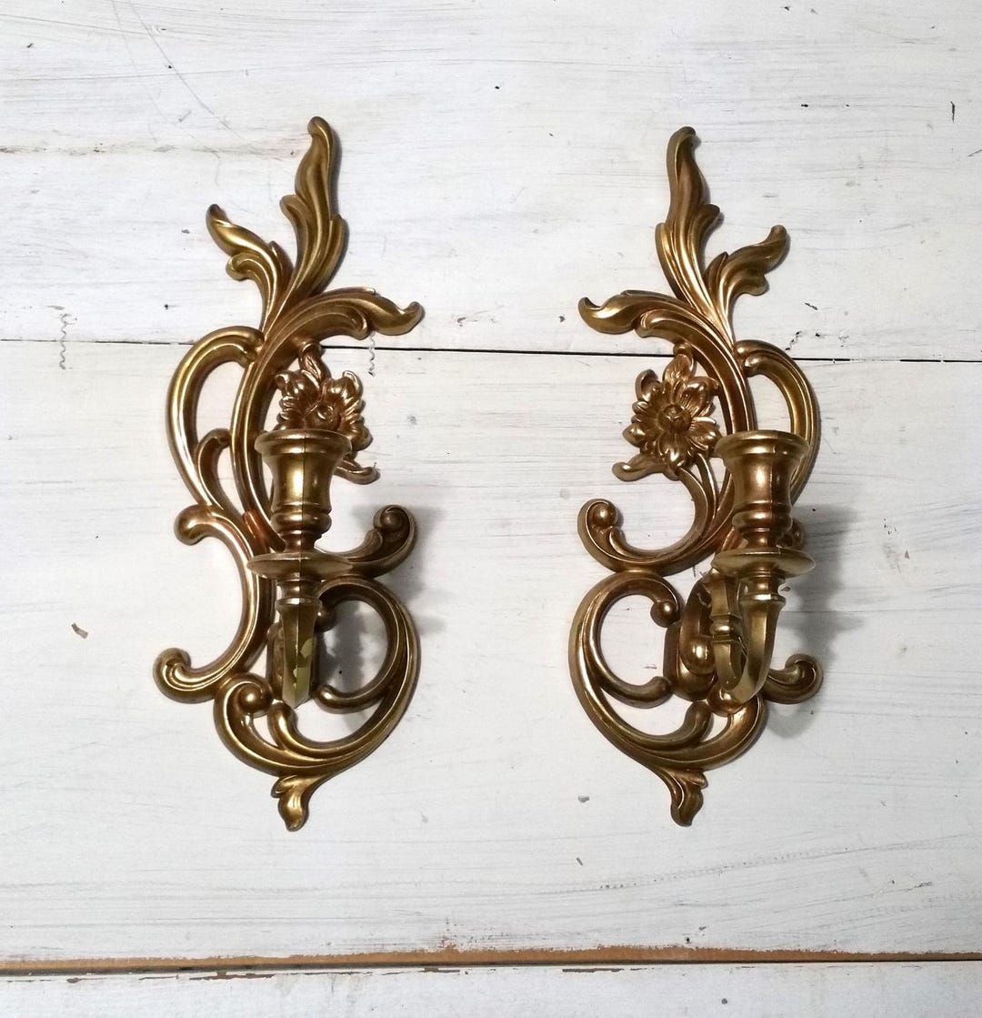 Pair Sconce Candle Holders Vintage Syroco Gold Wall Plaques Hollywood ...