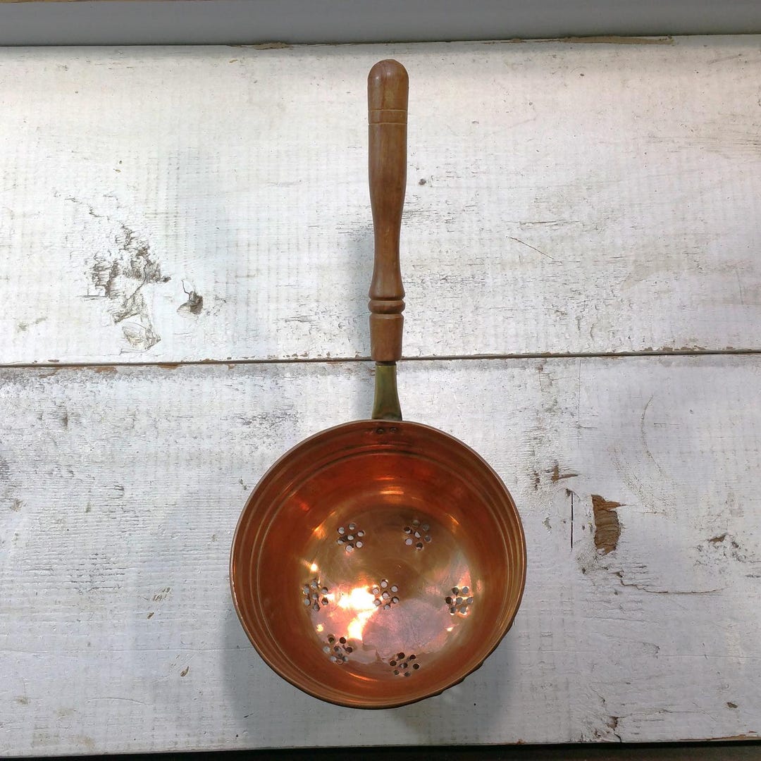 Copper Hanging Strainer Colander Wood Brass Handle Antique Vintage ...