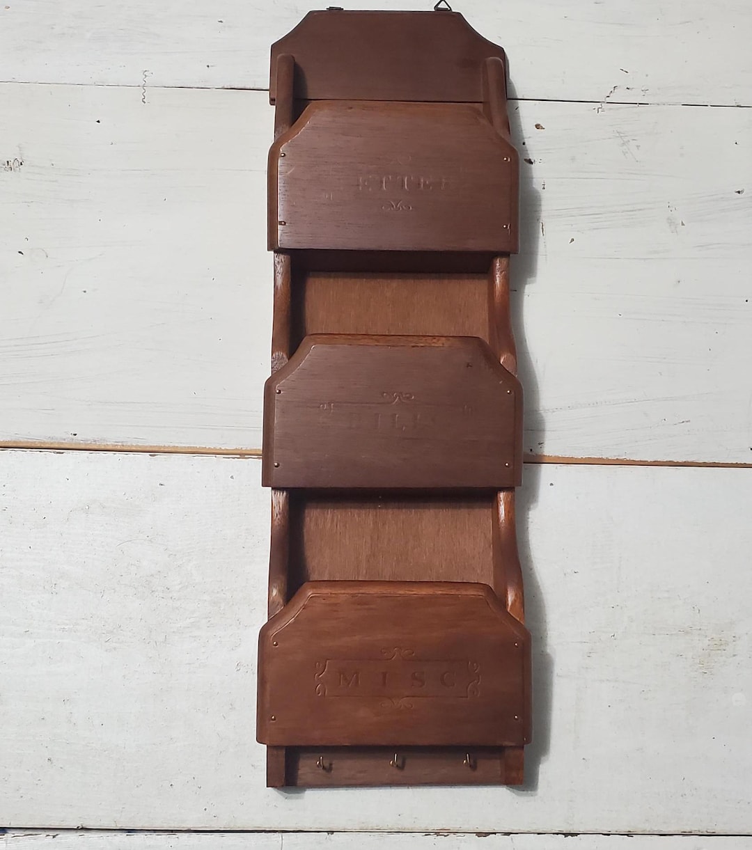 Wood Lucas Wall Mail Organizer Vintage Letters Slots Key Hooks Holder ...