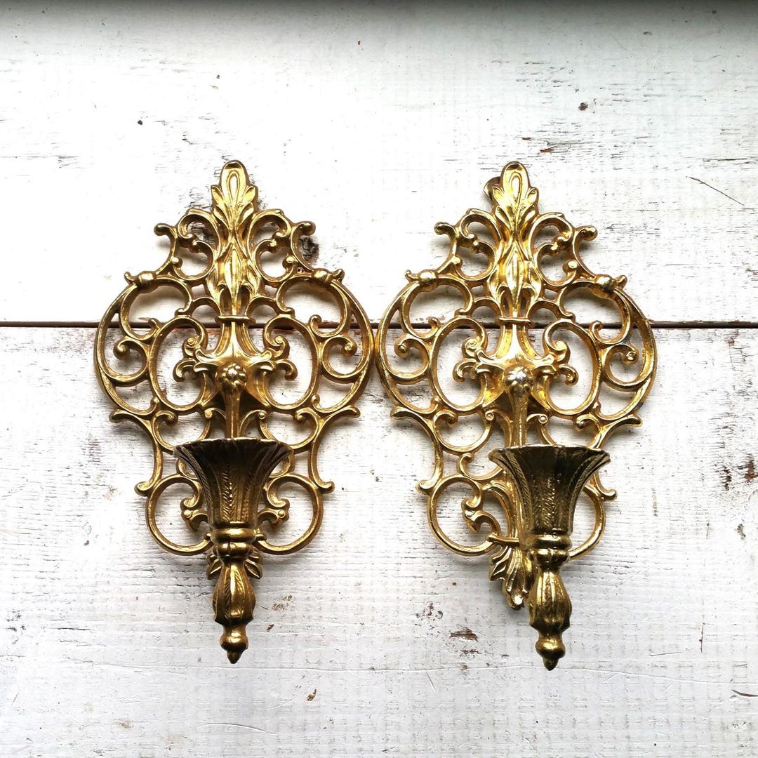 Ornate Pair Metal Candle Holders Sconces Vintage Scrollwork Wall ...