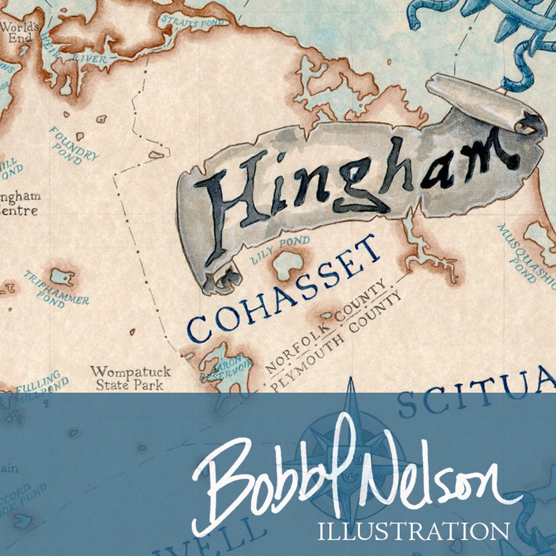 Hingham MA Illustrated Map Print - Etsy