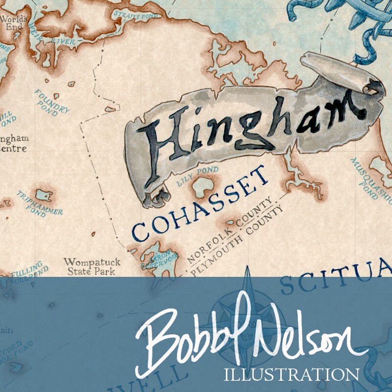 Hingham MA Illustrated Map Print - Etsy