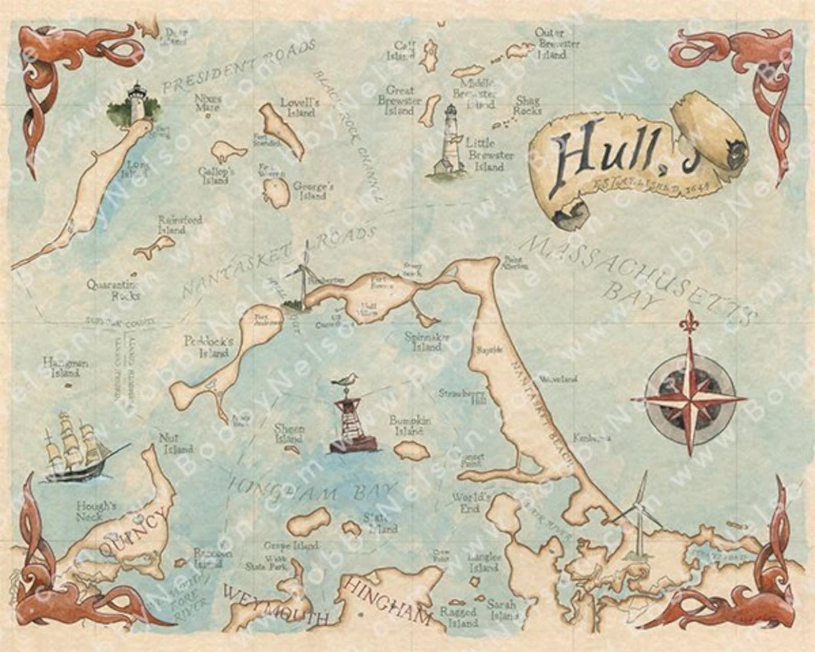 Hull MA Illustrated Map Print - Etsy