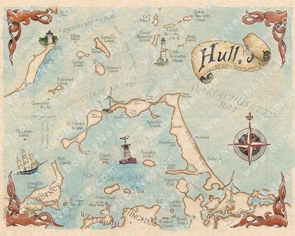 Hull MA Illustrated Map Print - Etsy