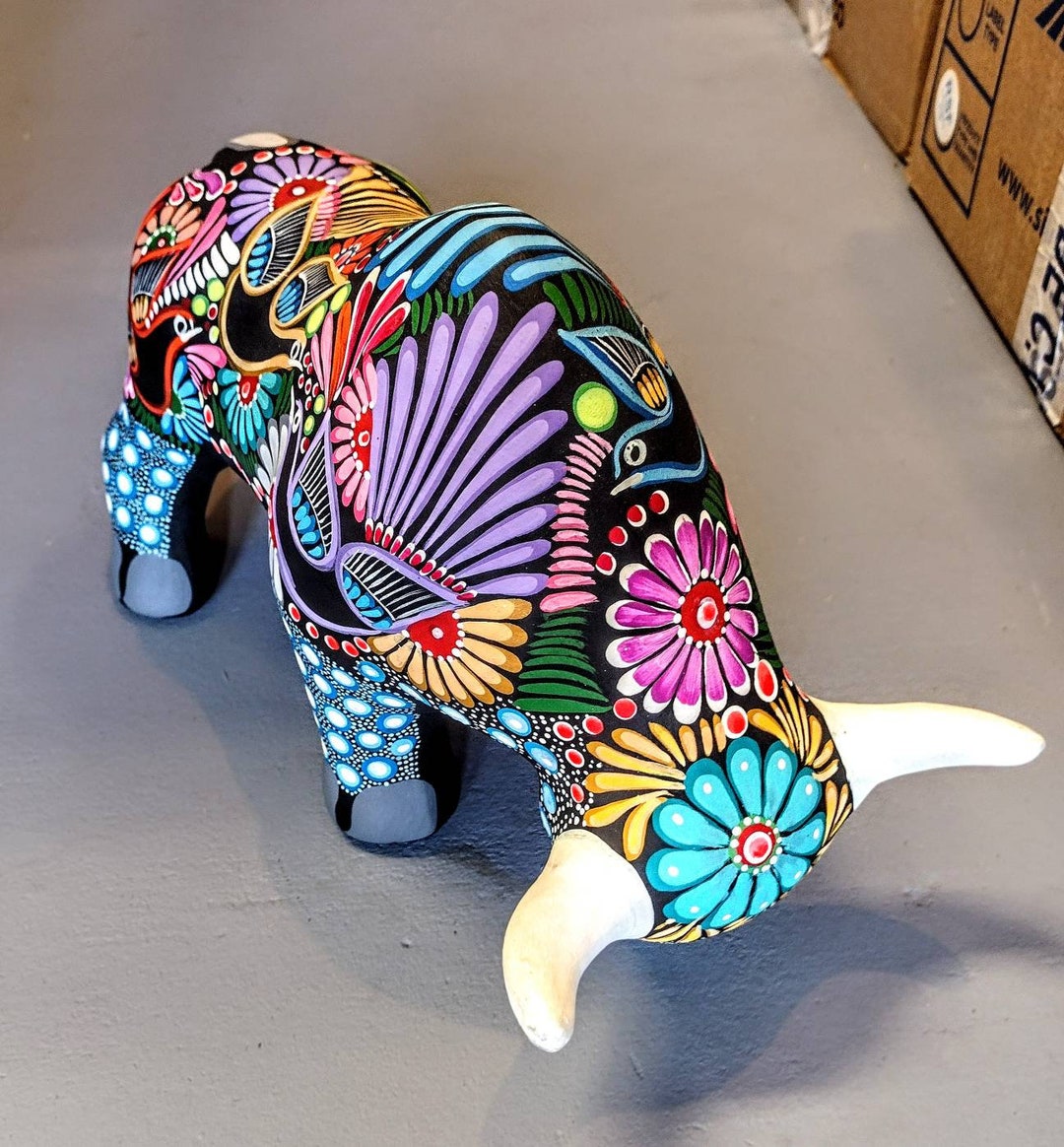 14in. Painted Mexican Alebrije Clay Bull Toro Cow Longhorn for Indoor ...