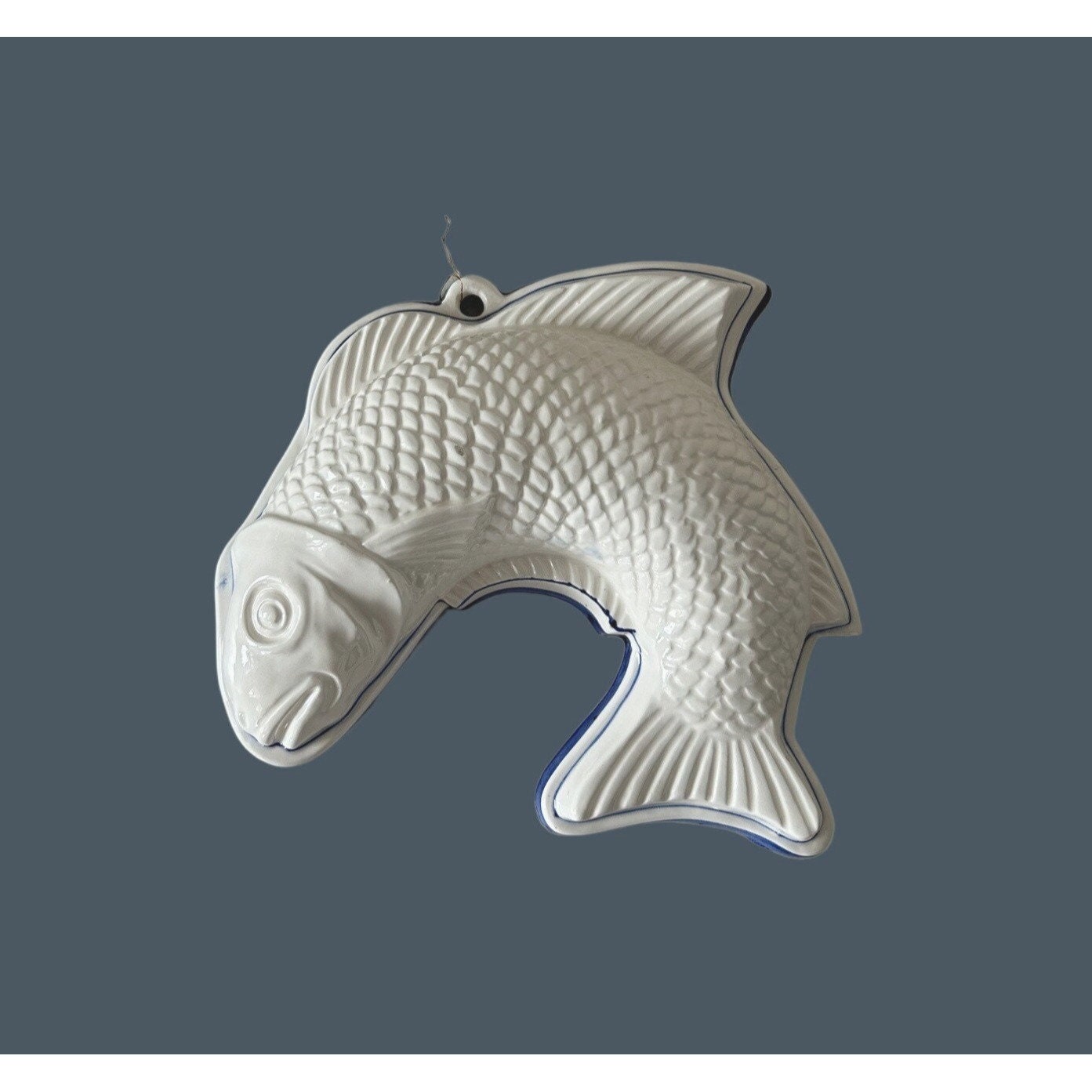 French Country White Ceramic Fish Mold With Blue Trim - Etsy