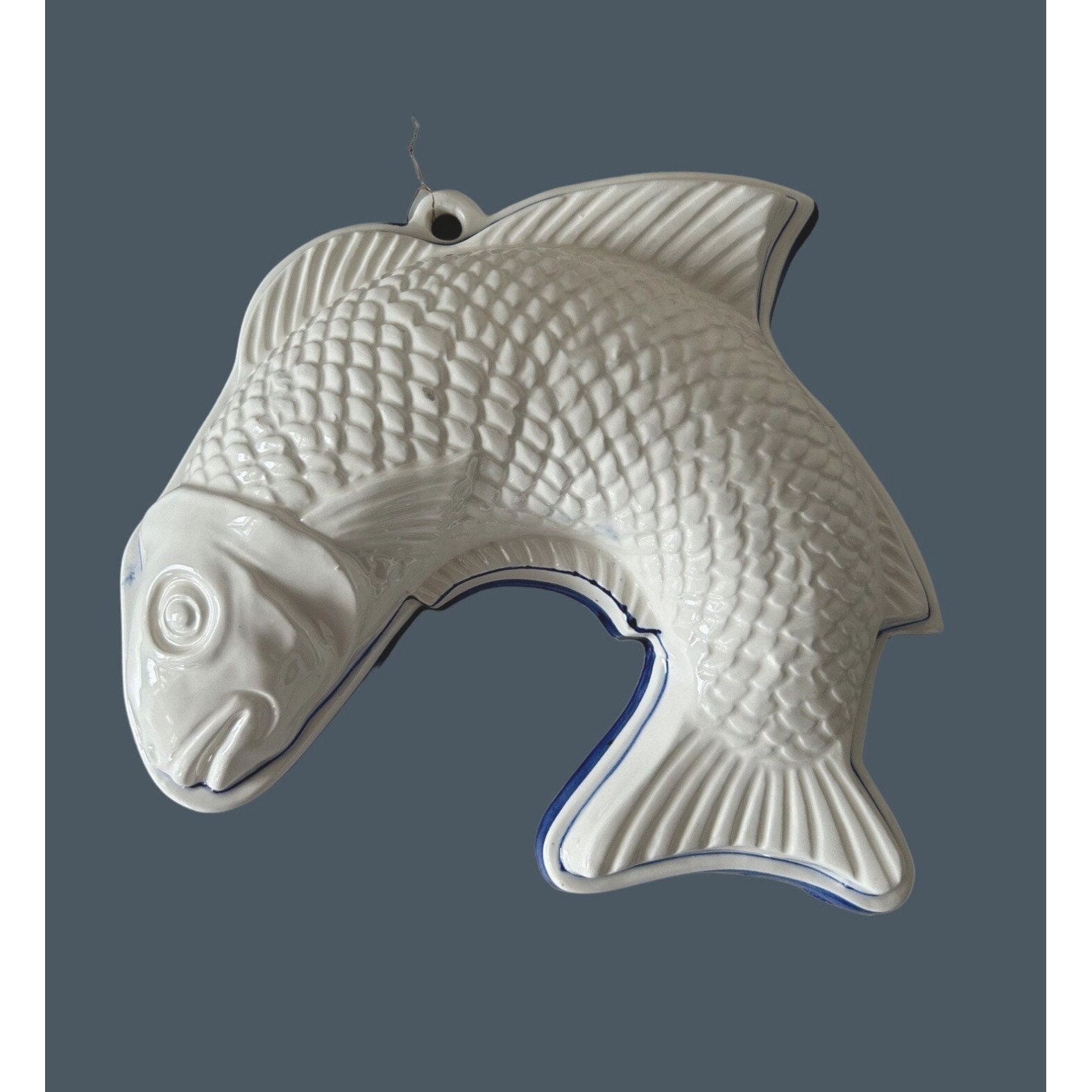 French Country White Ceramic Fish Mold With Blue Trim - Etsy