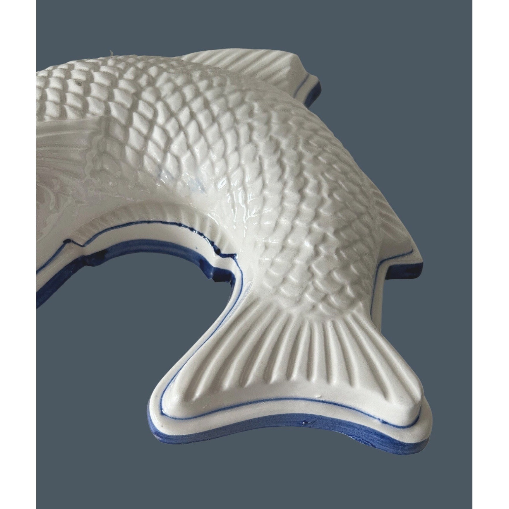 French Country White Ceramic Fish Mold With Blue Trim - Etsy