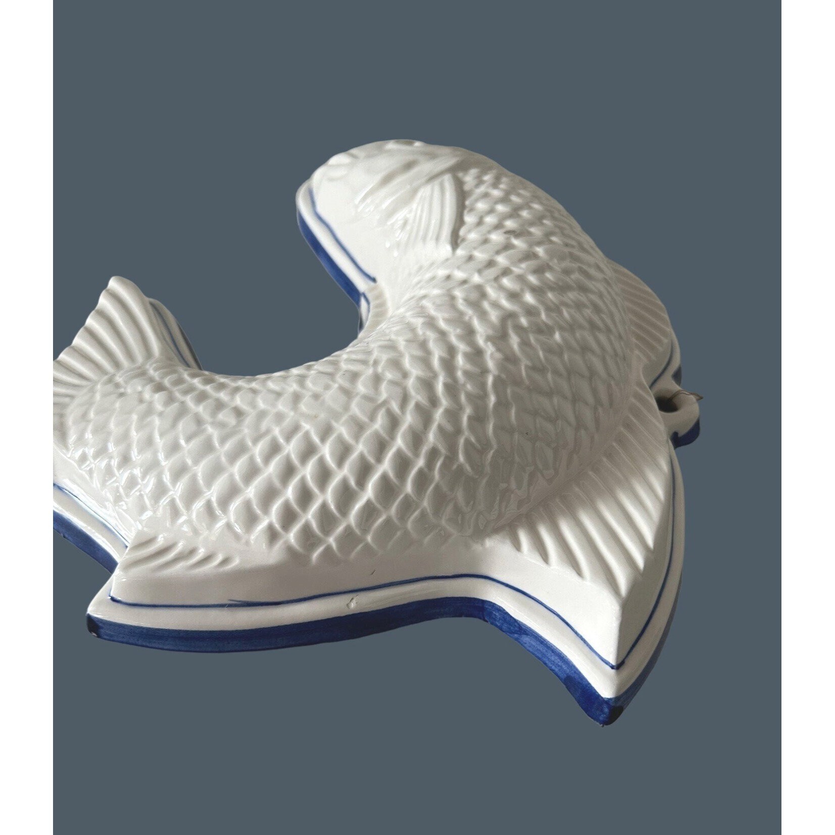 French Country White Ceramic Fish Mold With Blue Trim - Etsy