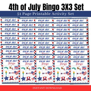 4th of July Bingo Cards Set (50-pack) With Calling Cards. Printable ...