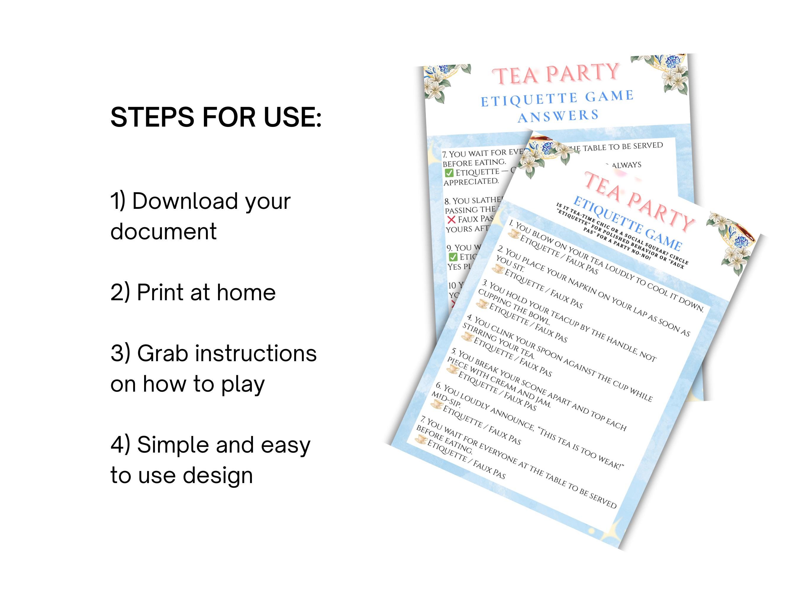 Tea Party Etiquette Game Printable, Fun Tea Time, Kids & Adults ...