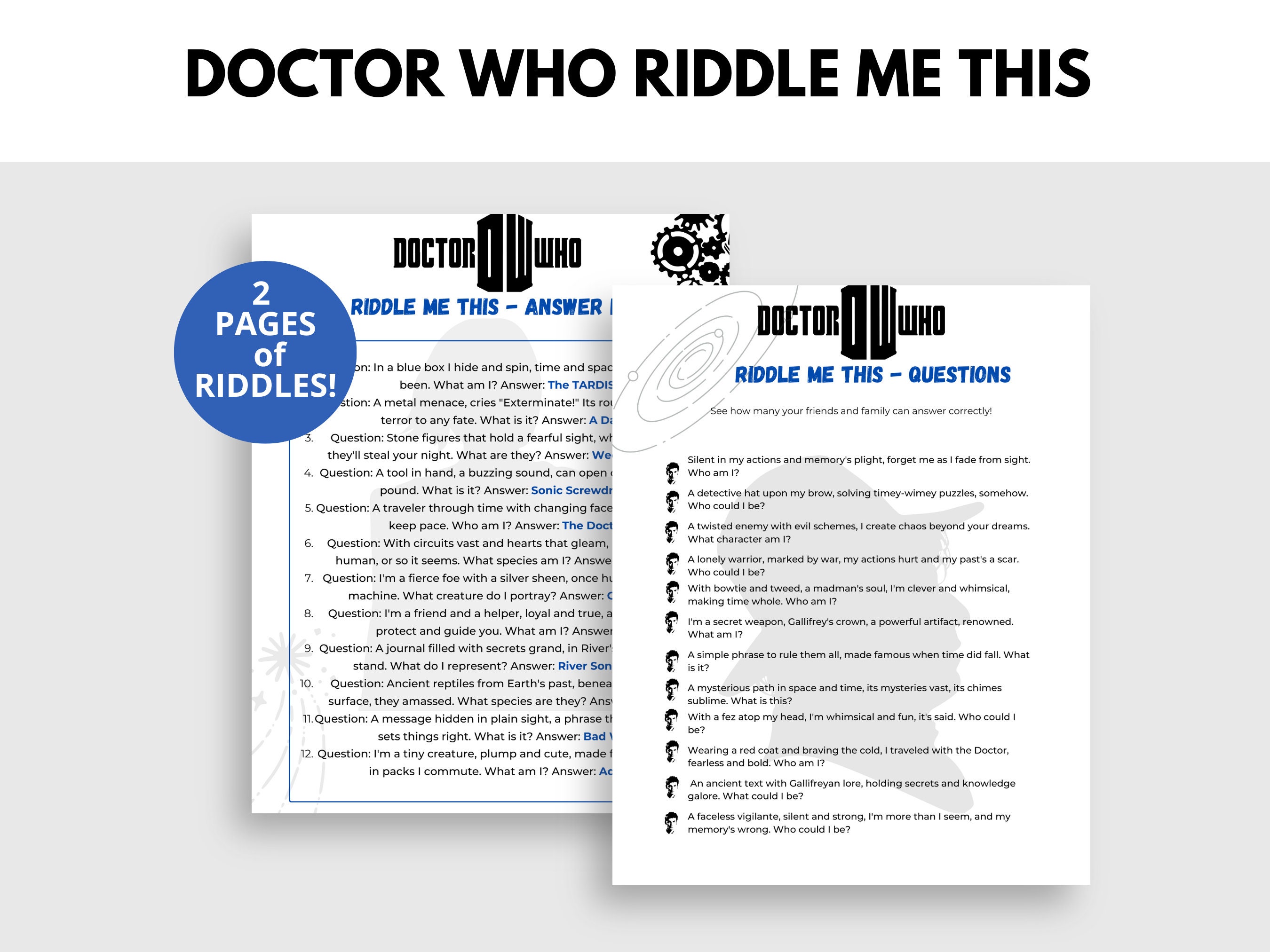Doctor Who Riddle Me This, Printable Dr Who Game, TARDIS, Dr WHO, Party ...