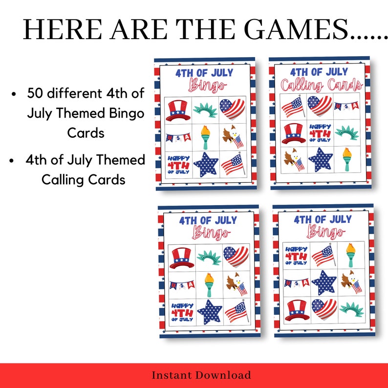 4th of July Bingo Cards Set (50-pack) With Calling Cards. Printable ...