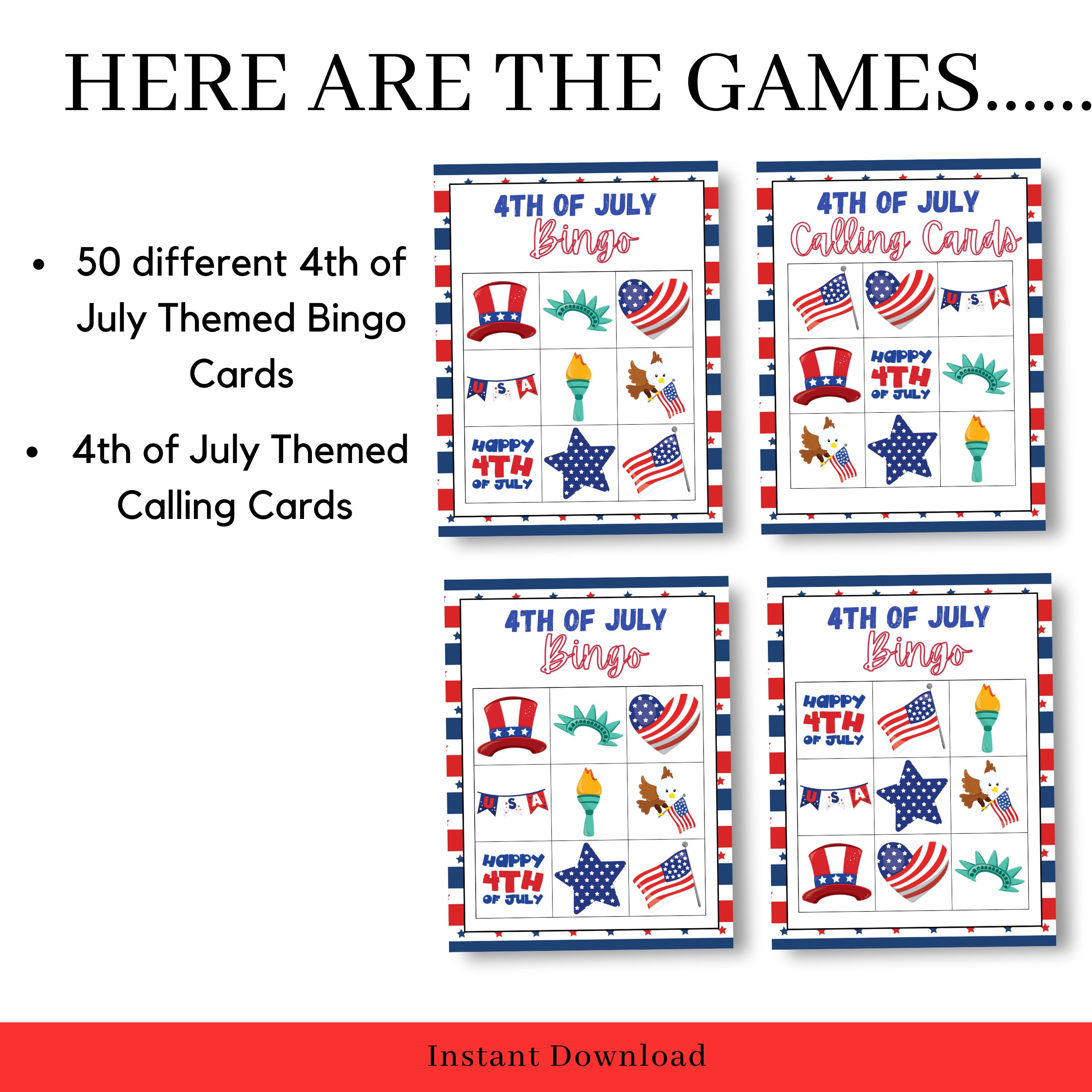 4th of July Bingo Cards Set (50-pack) With Calling Cards. Printable ...