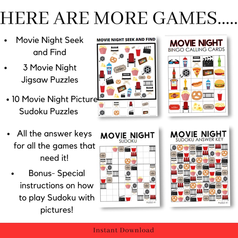 40-page Movie Night Activity Printable Set – Bingo, Word Search ...