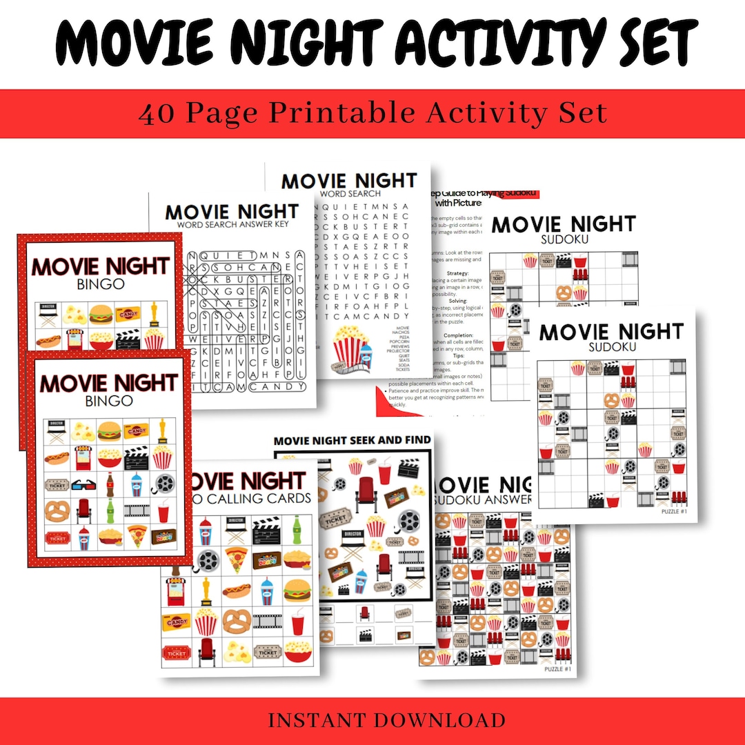 40-page Movie Night Activity Printable Set – Bingo, Word Search ...