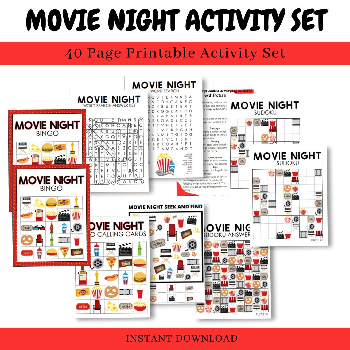 40-page Movie Night Activity Printable Set – Bingo, Word Search ...