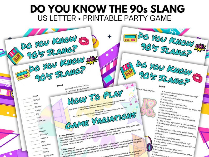 Do You Know 90's Slang?,90's Party Game,printable 90s Slang Match Game ...