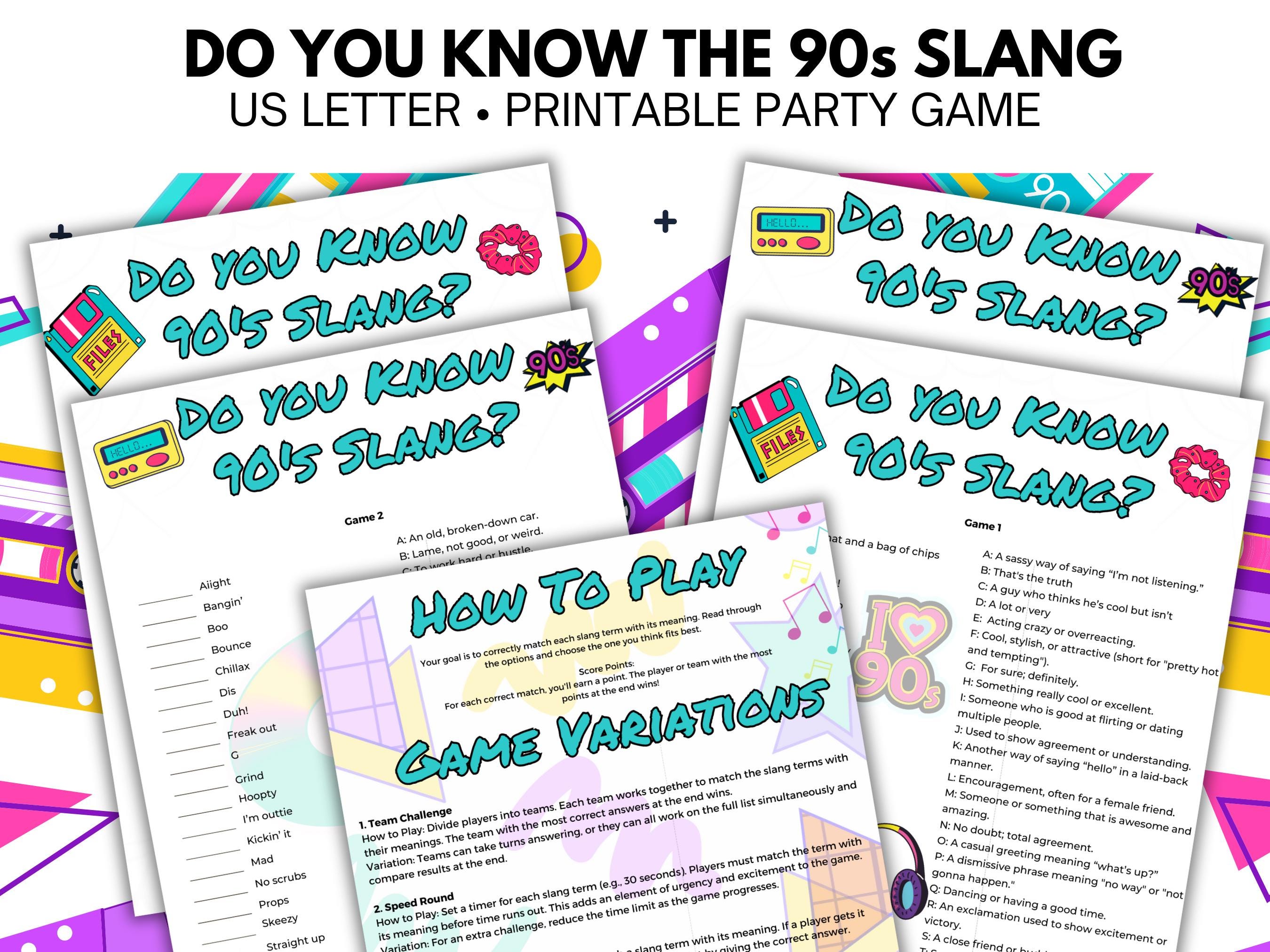 Do You Know 90's Slang?,90's Party Game,printable 90s Slang Match Game ...
