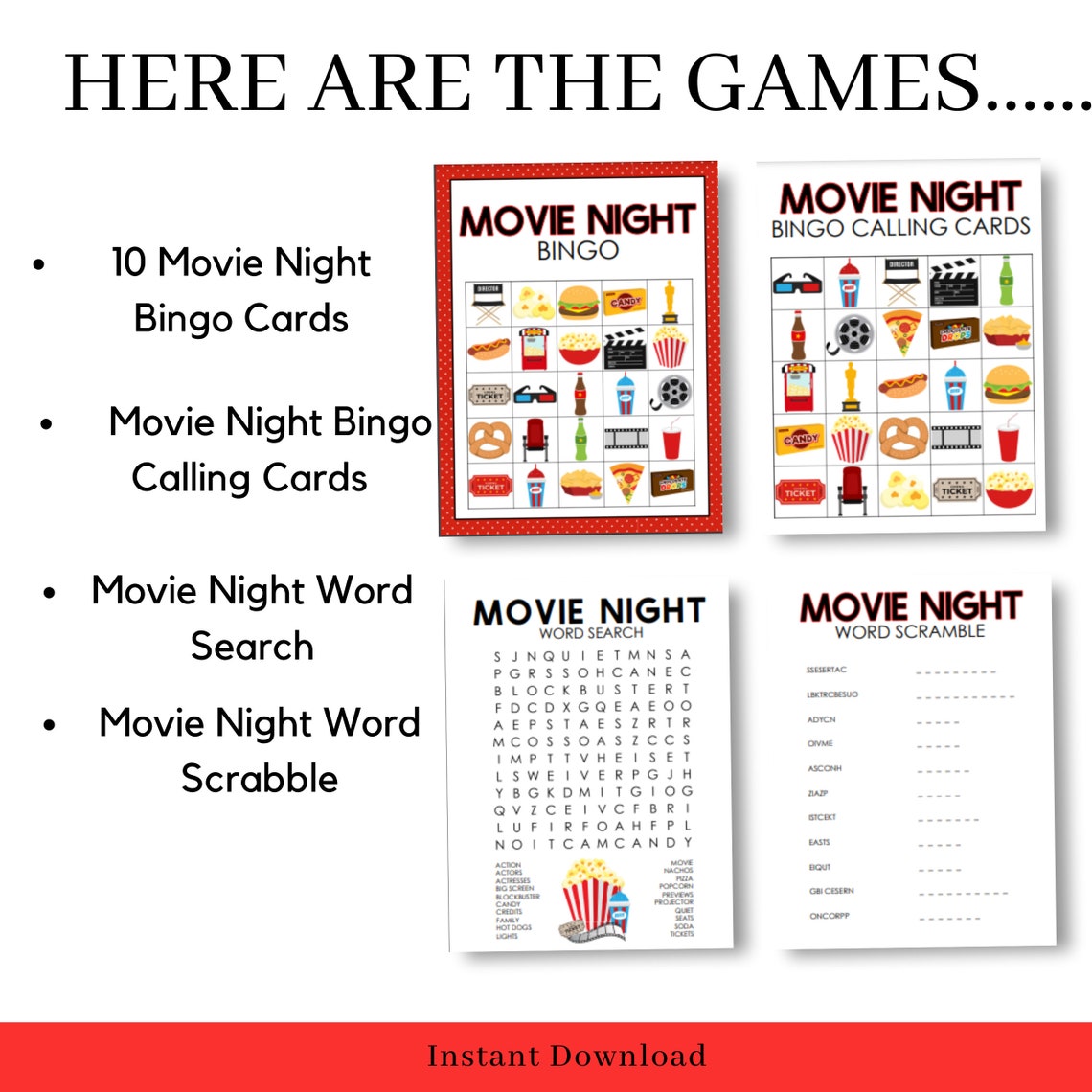 40-page Movie Night Activity Printable Set – Bingo, Word Search ...