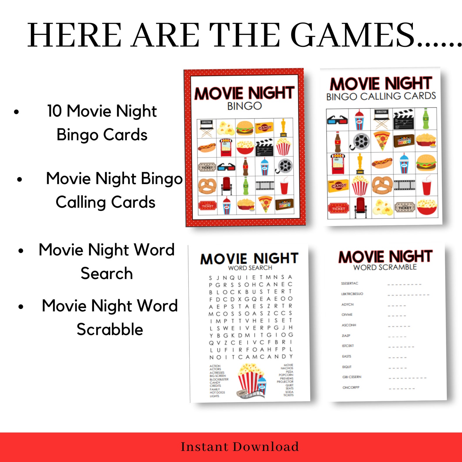 40-page Movie Night Activity Printable Set – Bingo, Word Search ...