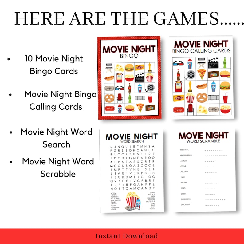 40-page Movie Night Activity Printable Set – Bingo, Word Search ...