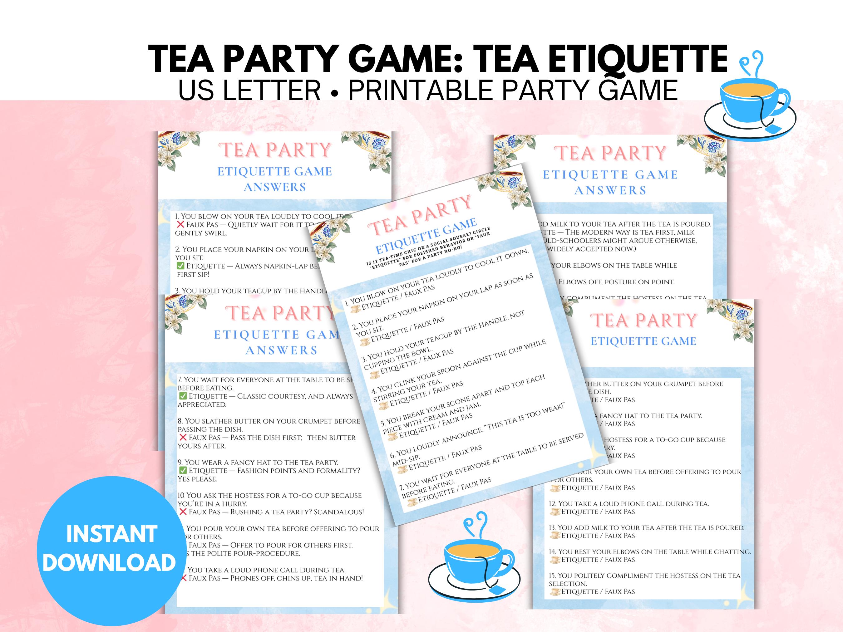 Tea Party Etiquette Game Printable, Fun Tea Time, Kids & Adults ...