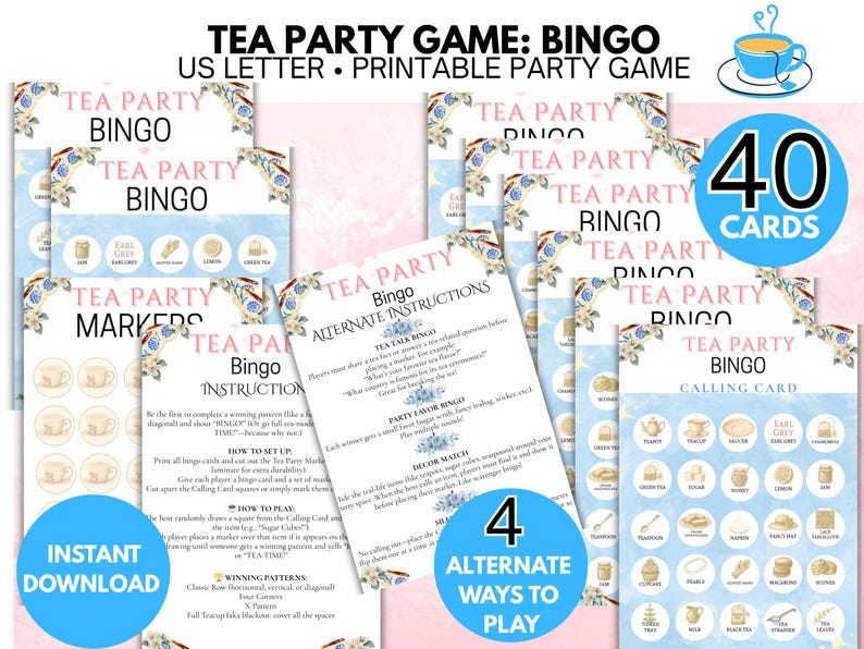 Tea Party Bingo, 40 Unique Printable Cards for Birthday, Bridal Shower ...