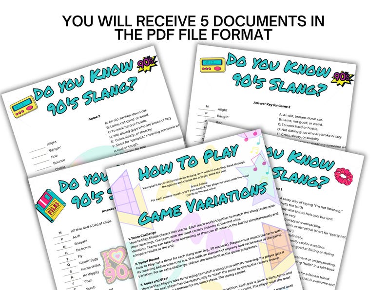 Do You Know 90's Slang?,90's Party Game,printable 90s Slang Match Game ...