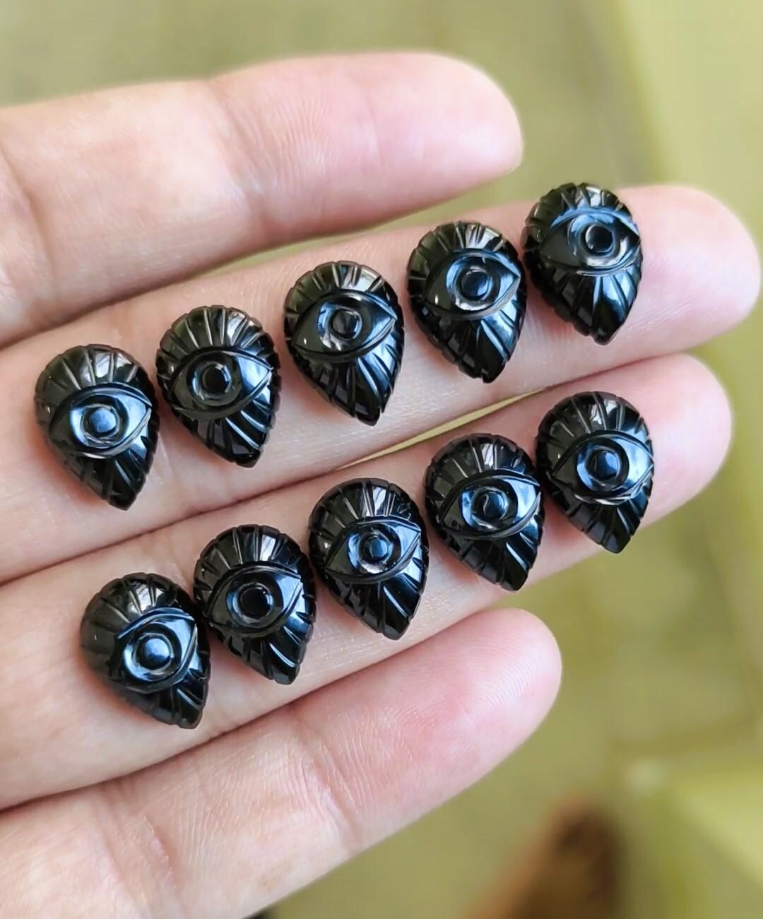 Natural Black Spinel Evil Eye Carving With Flat Back Pear Shape ...