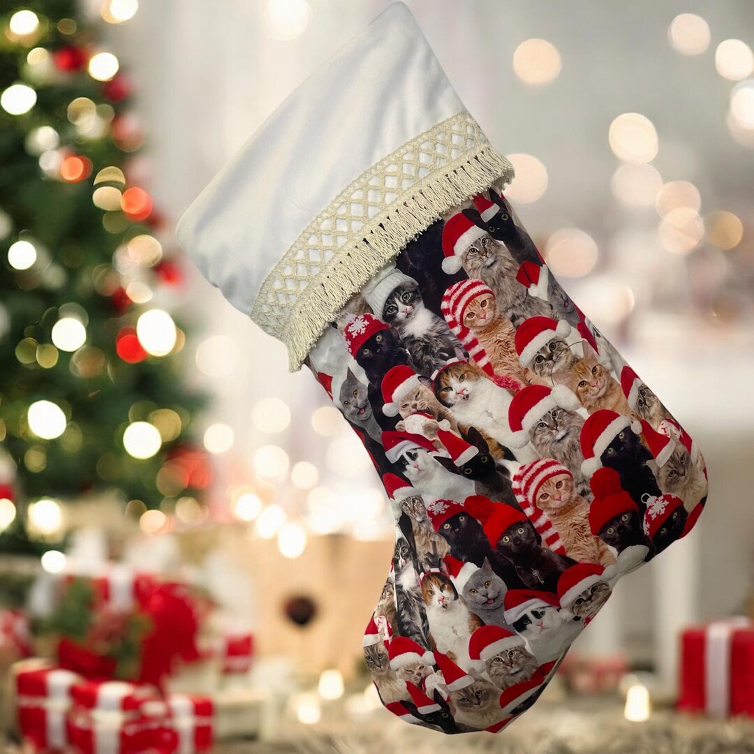 Luxury Christmas Stocking With Cute Cats in Santa Hats With Velvet Cuff ...