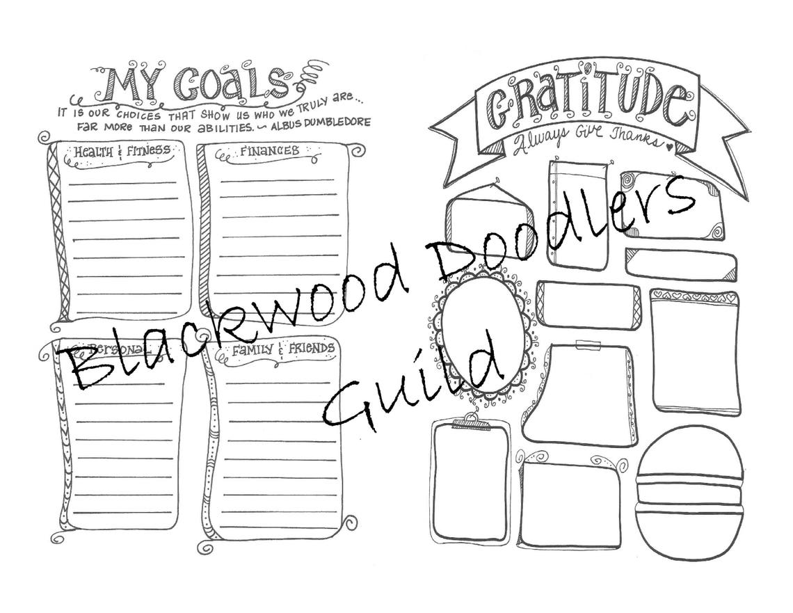 Goals and Gratitude Journal doodle templates list goals and | Etsy