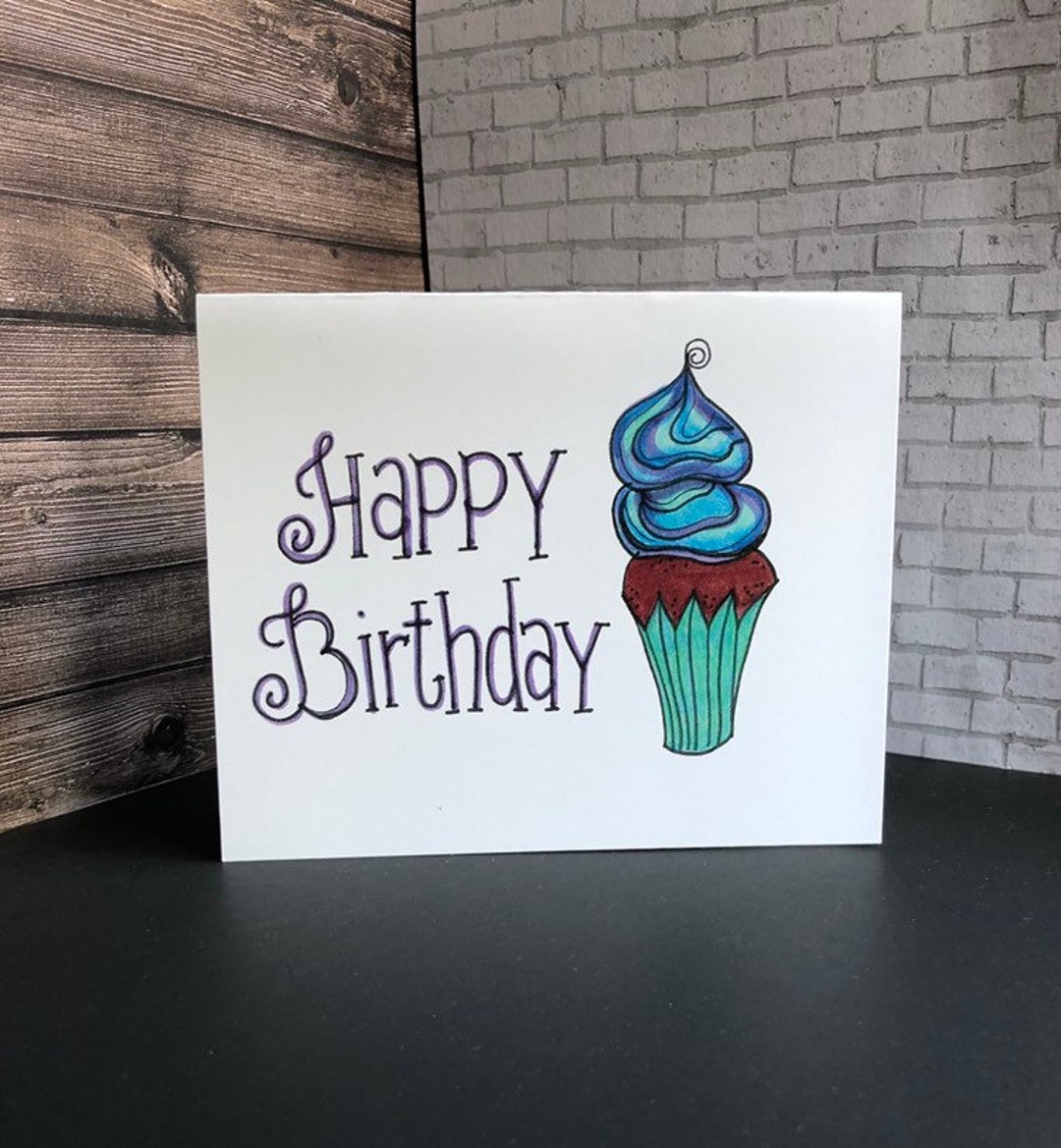 Handwritten Cupcake Happy Birthday Card - Etsy