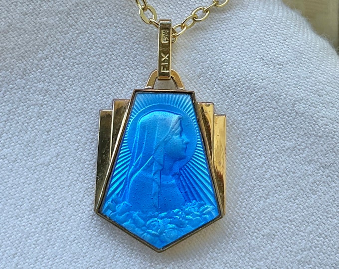 FIX Art Deco French Virgin Mary Blue Enamel Pendant - Etsy