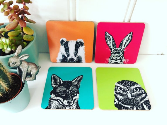 Set of 4 Art Coasters Woodland Animal Coasters Drinks Mats - Etsy