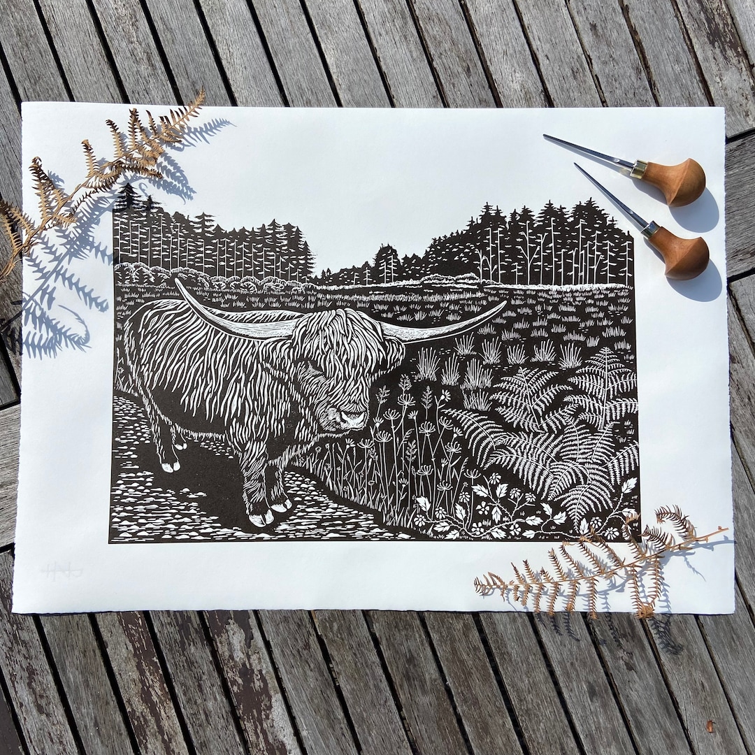 Handprinted Highland Cow Linocut - Etsy