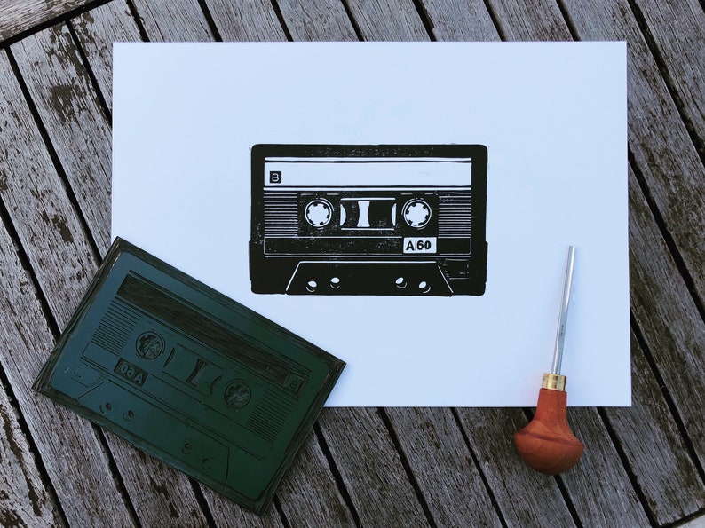 Original Handprinted Linocut Print Cassette Tape Mixtape - Etsy