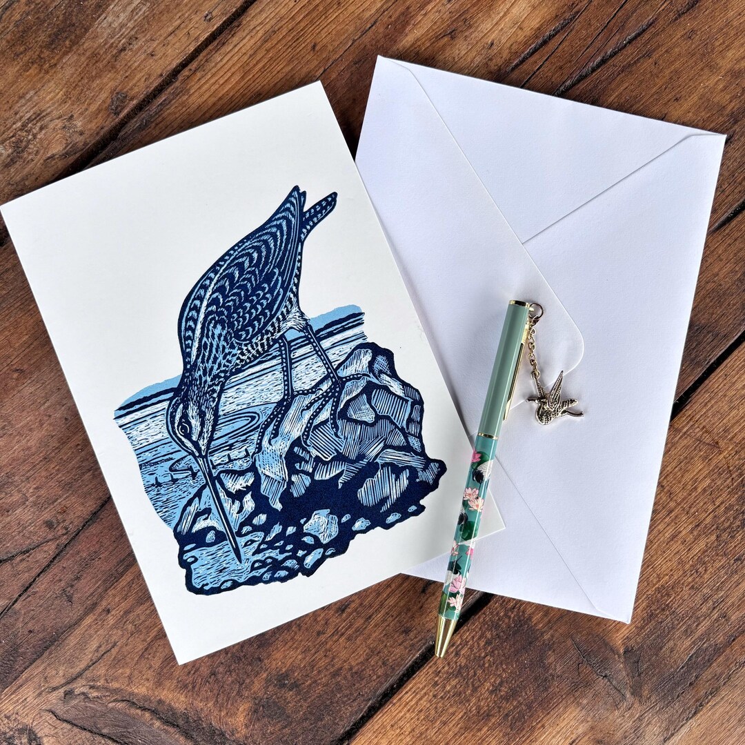 Snipe Art Card: Estuary Bird Linocut Print Greetings Card - Etsy