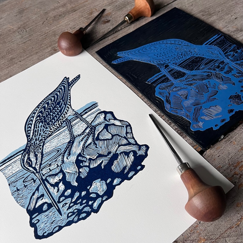 Original Handprinted Linocut Snipe | Fine Art Linocut Print - Etsy