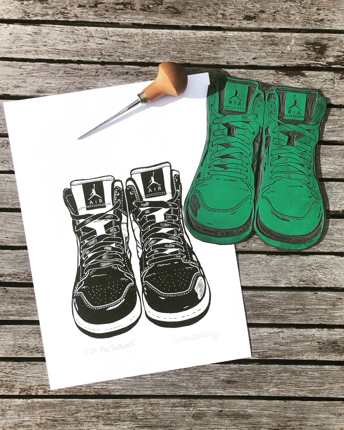 Original Handprinted Linocut Print Air Jordans Trainers - Etsy