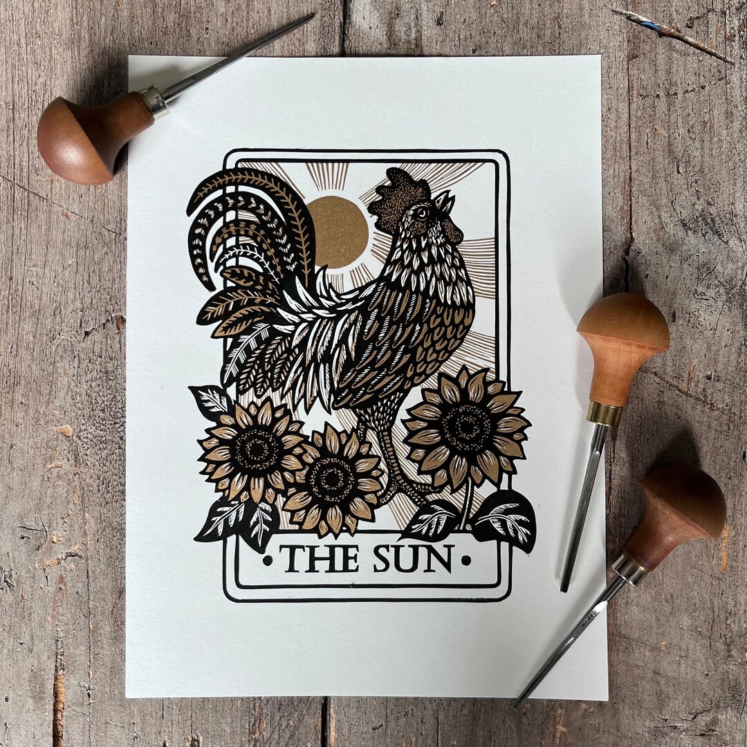 Original Handprinted Linocut the Sun Tarot Card Rooster Sunflowers ...