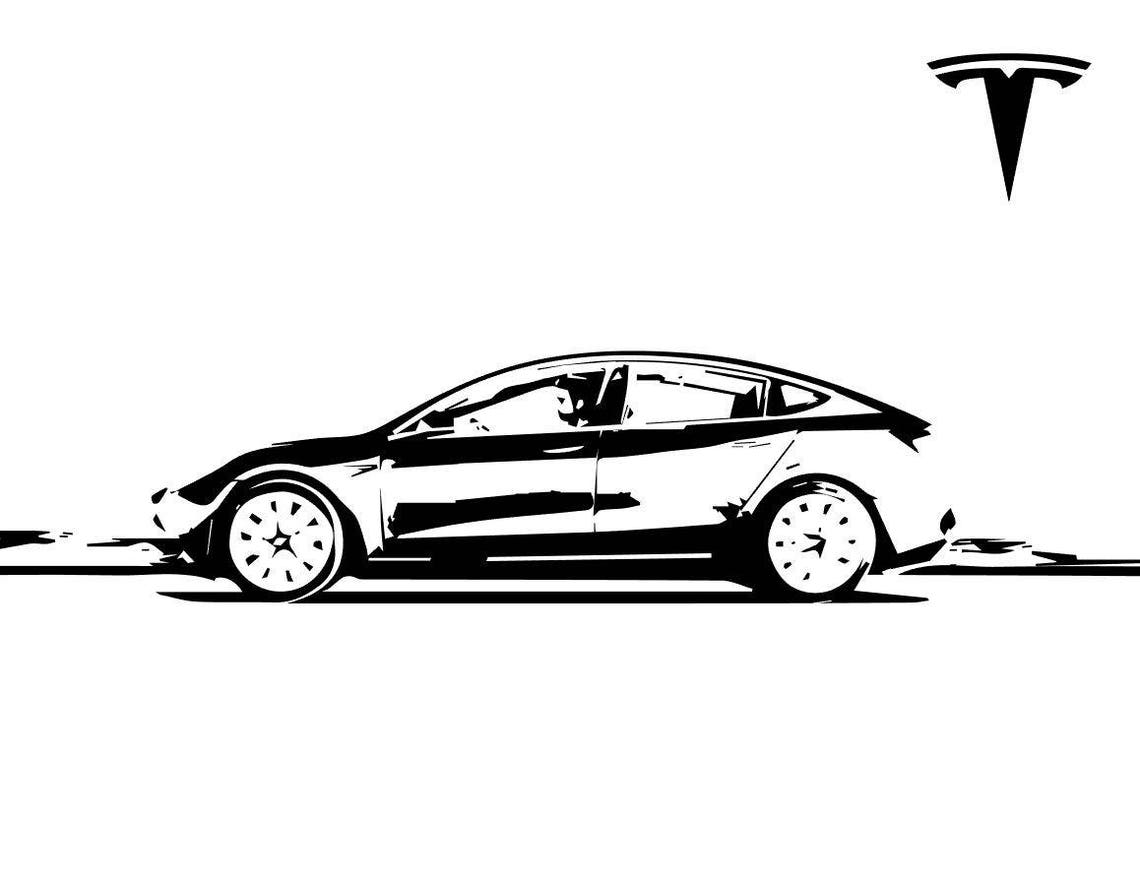 Tesla Model 3 B&W side view with logo vector vectorized print | Etsy