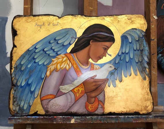 Handmade Byzantine Icon of Angel of God on wood with gold leaf | Etsy
