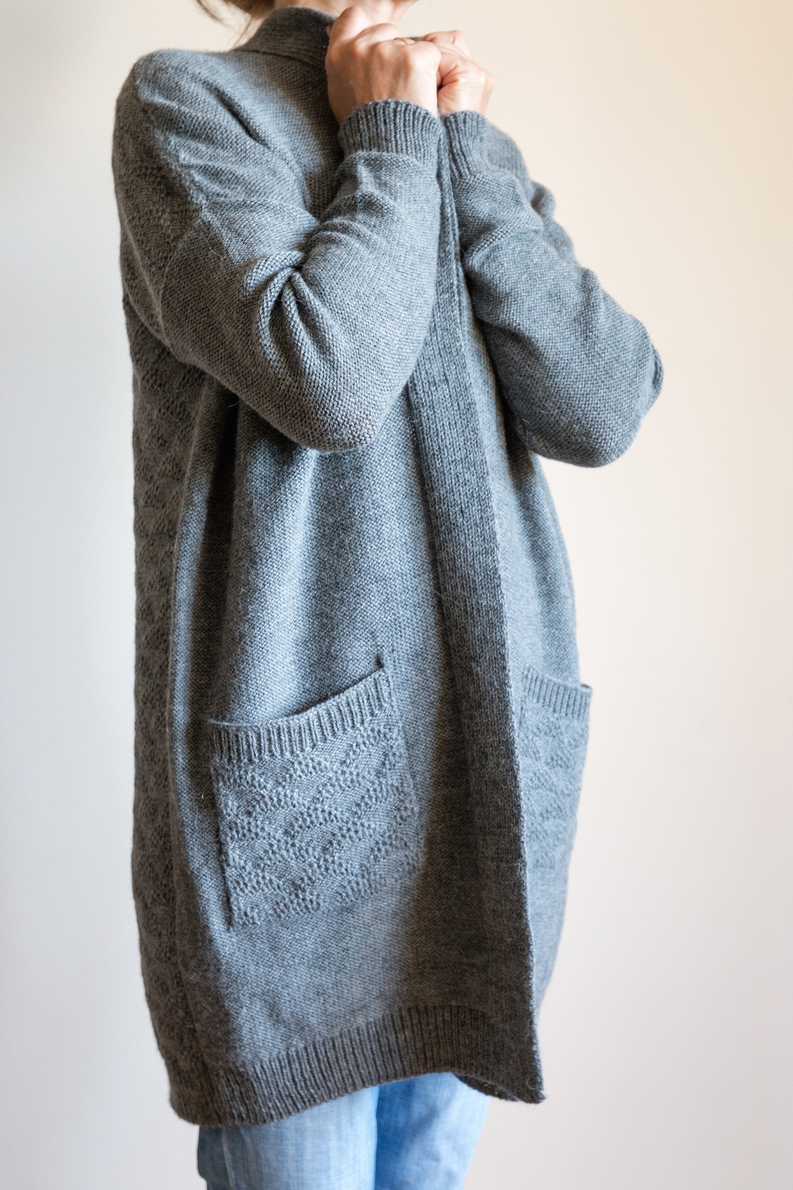 Handmade Long Open Front Cardigan With Pockets for Ladies, Dark Grey ...
