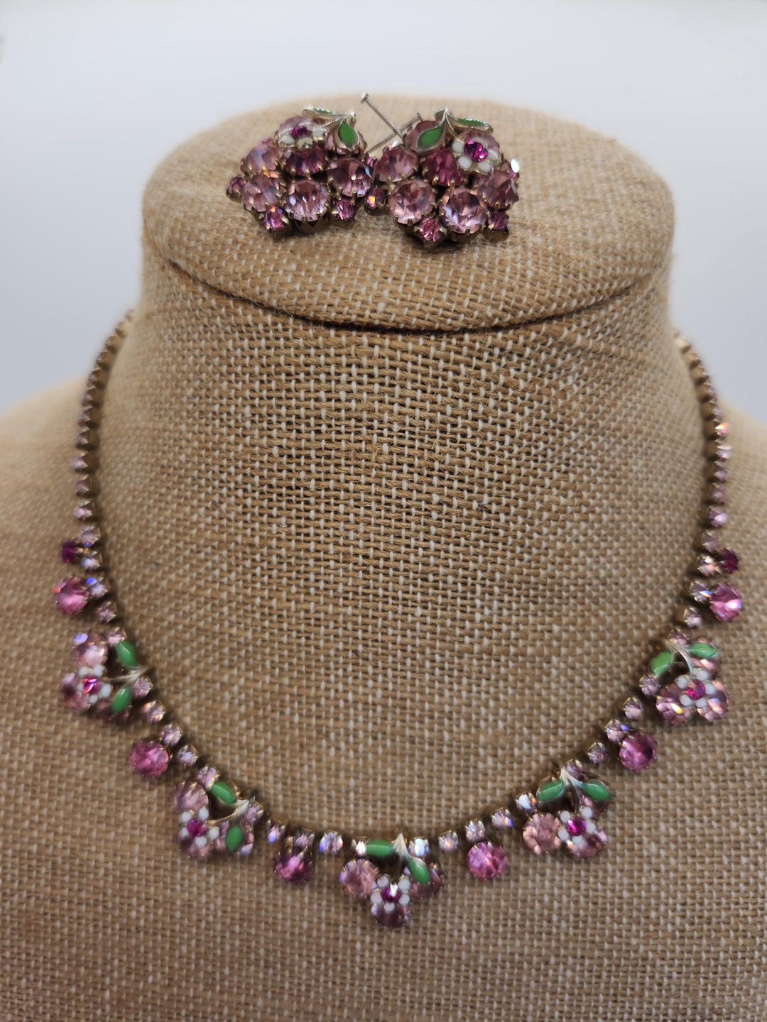 Stunning Rare Weiss Necklace and Earrings Pink Rhinestones Enamel ...