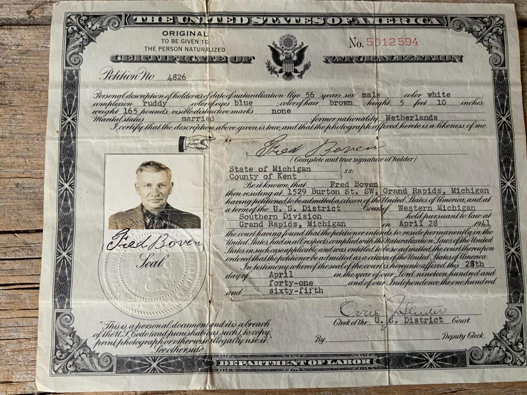 1941 Certificate of Naturalization Formerly of the Netherlands State of ...