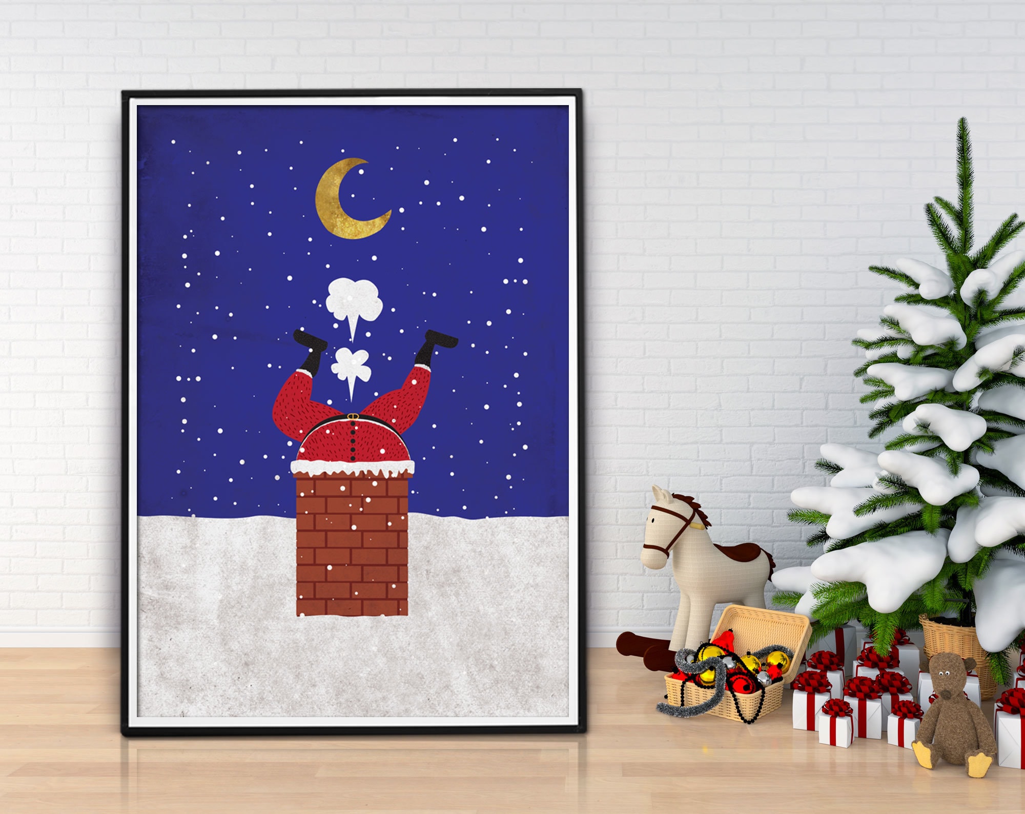 Santa Claus atascado en la chimenea arte de la guardería - Etsy España