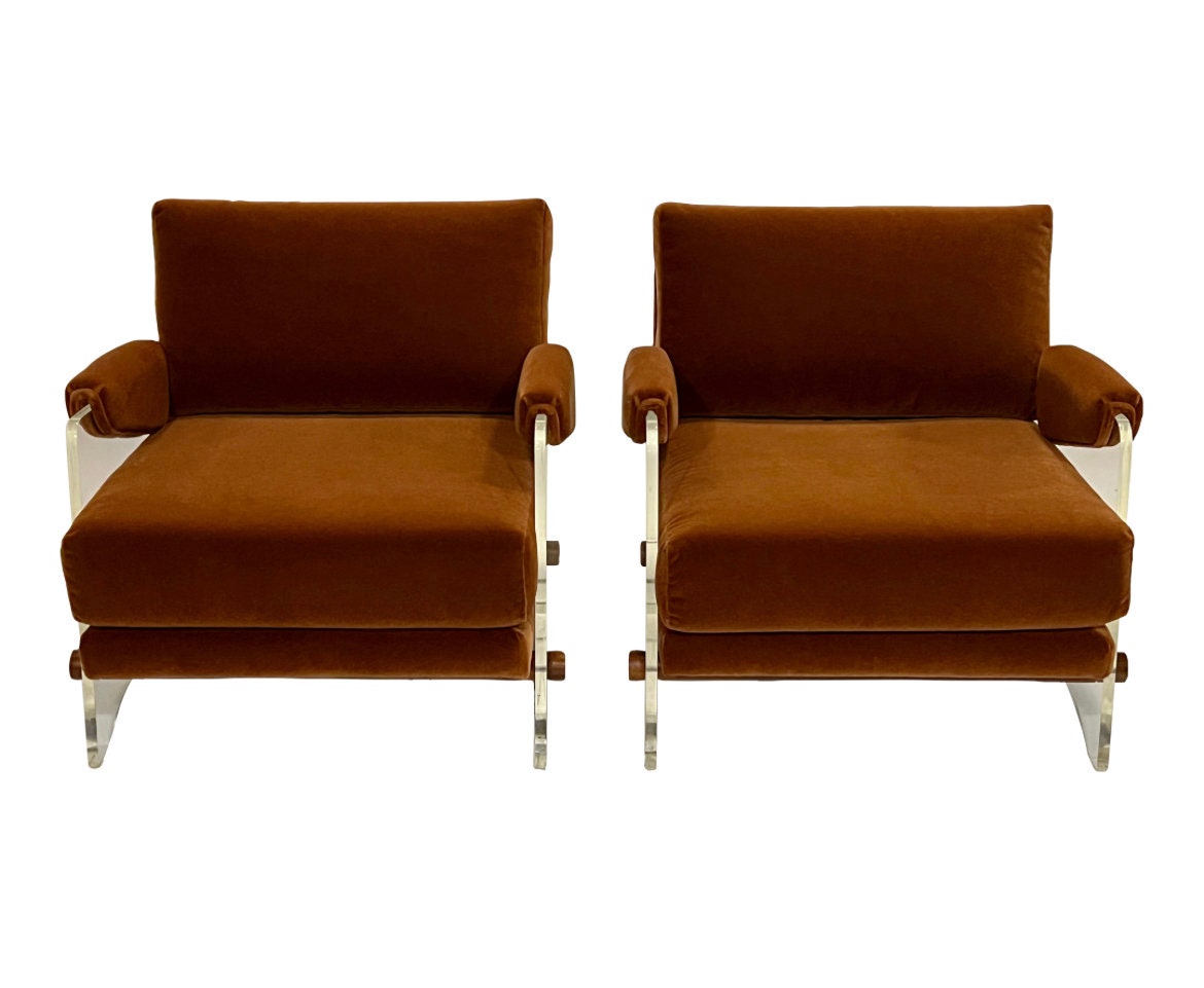 Pair of Lucite Lounge Chairs in Rust Mohair - Etsy