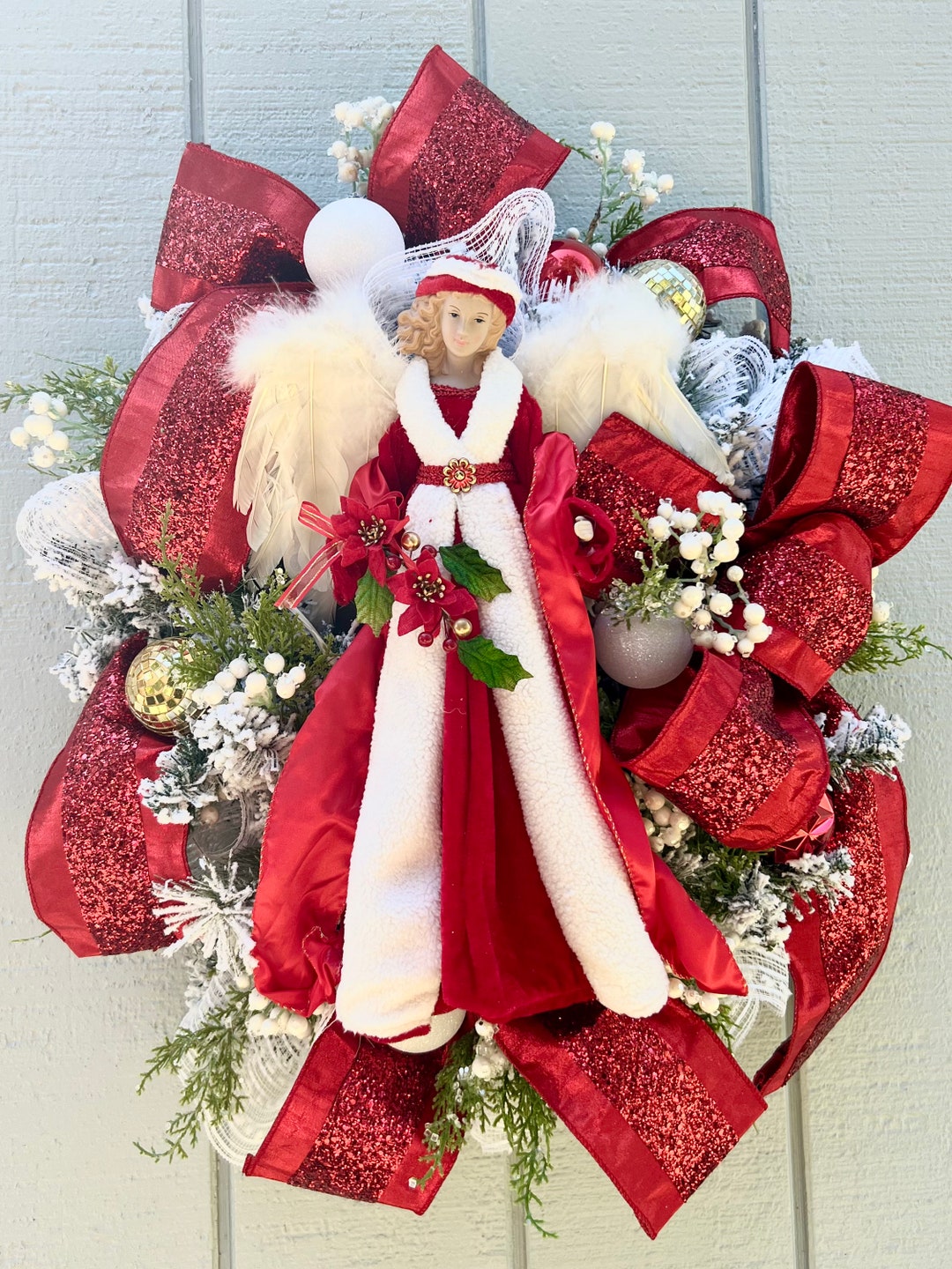 Red Angel Christmas Wreath, Elegant Angel Christmas Wreath, Holiday ...